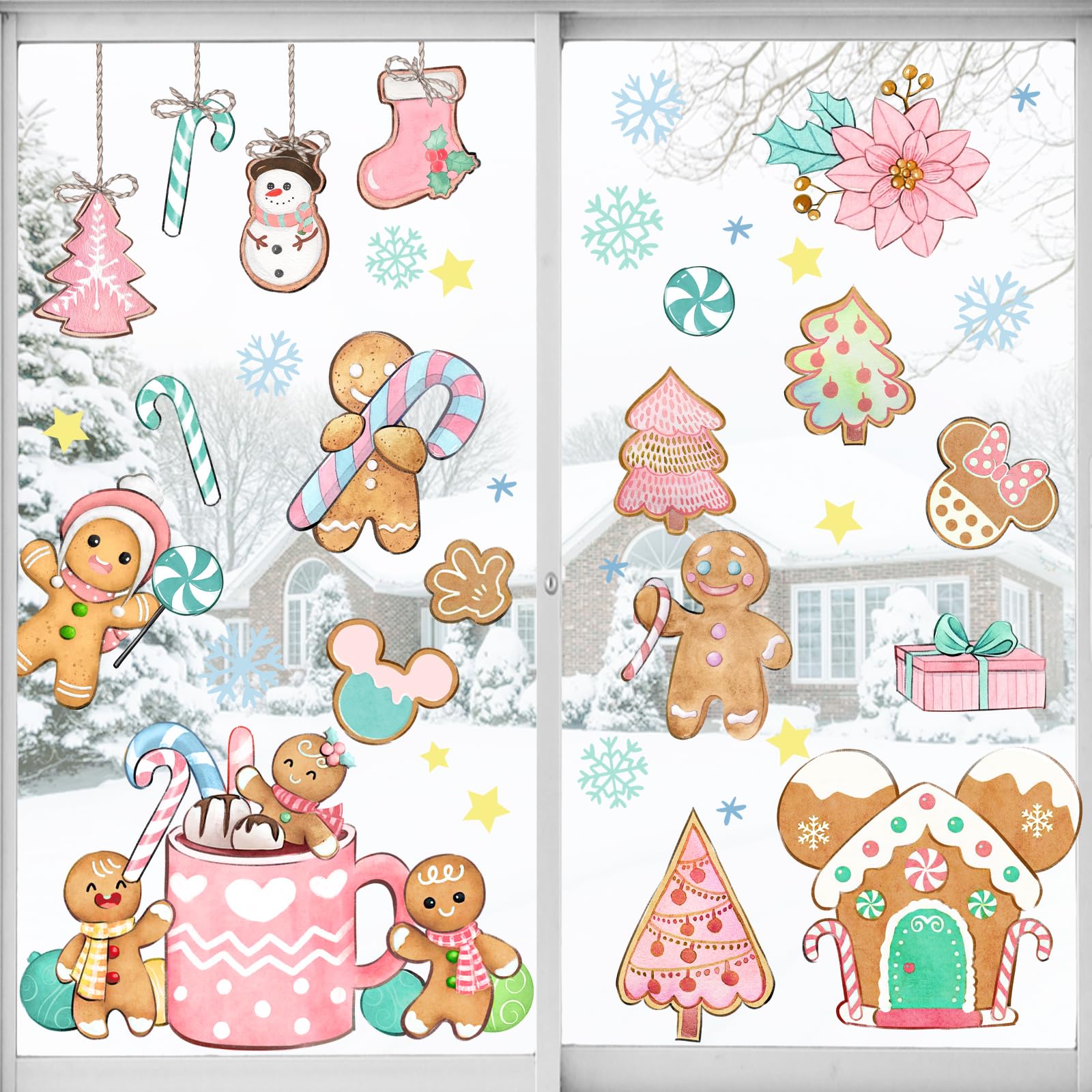 Mfault 148 PCS Merry Christmas Gingerbread Window Clings 9 Sheets, Xmas Ginger Bread Man Pink Candy Cane House Stickers Decals Decorations, Winter Snowflake Living Room Home Kitchen Decor Holiday Gift