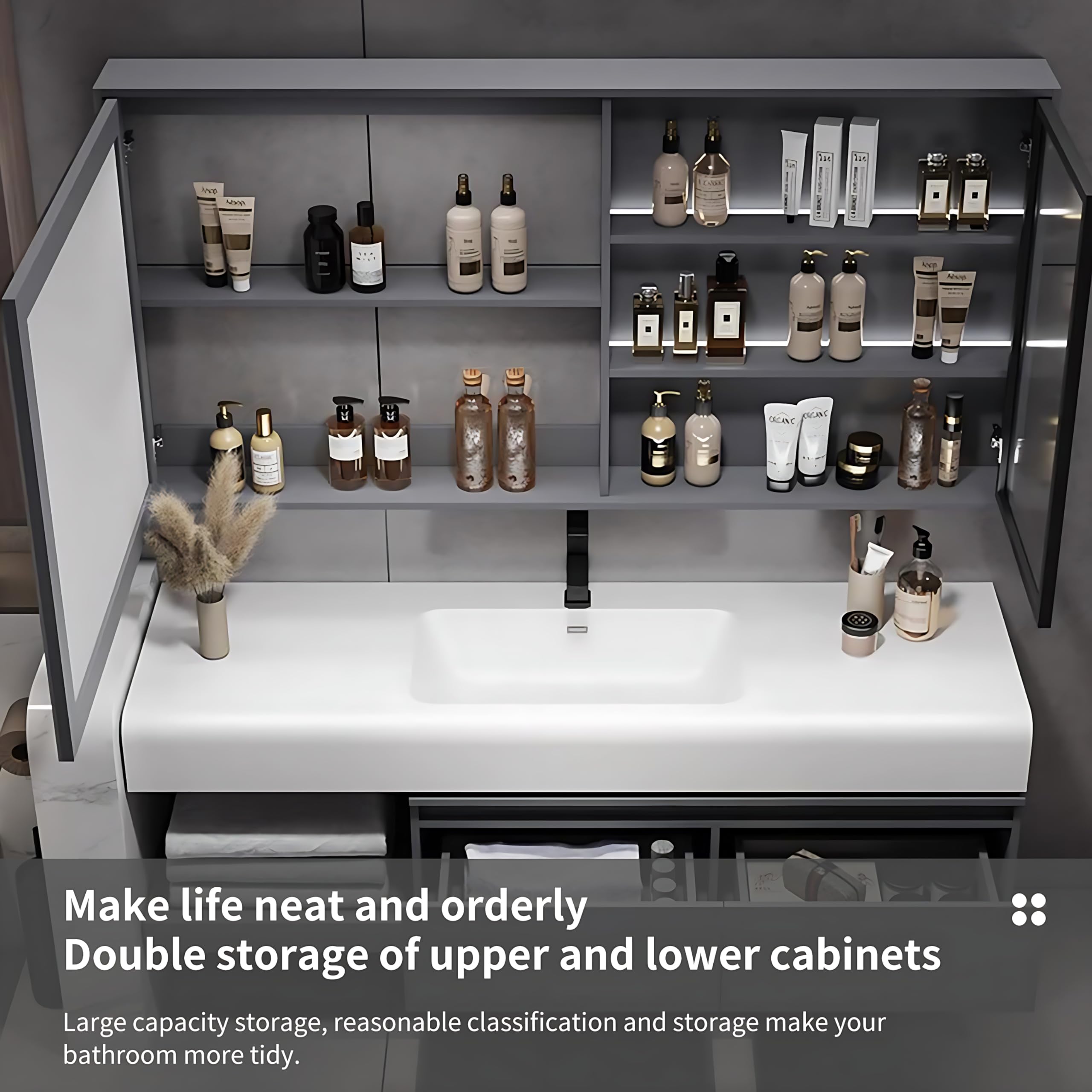 ZGNBSD Bathroom Vanity Set - Includes Modern Floating Bathroom Vanity with Sink & LED Intelligent Fog Mirror Cabinet (24")