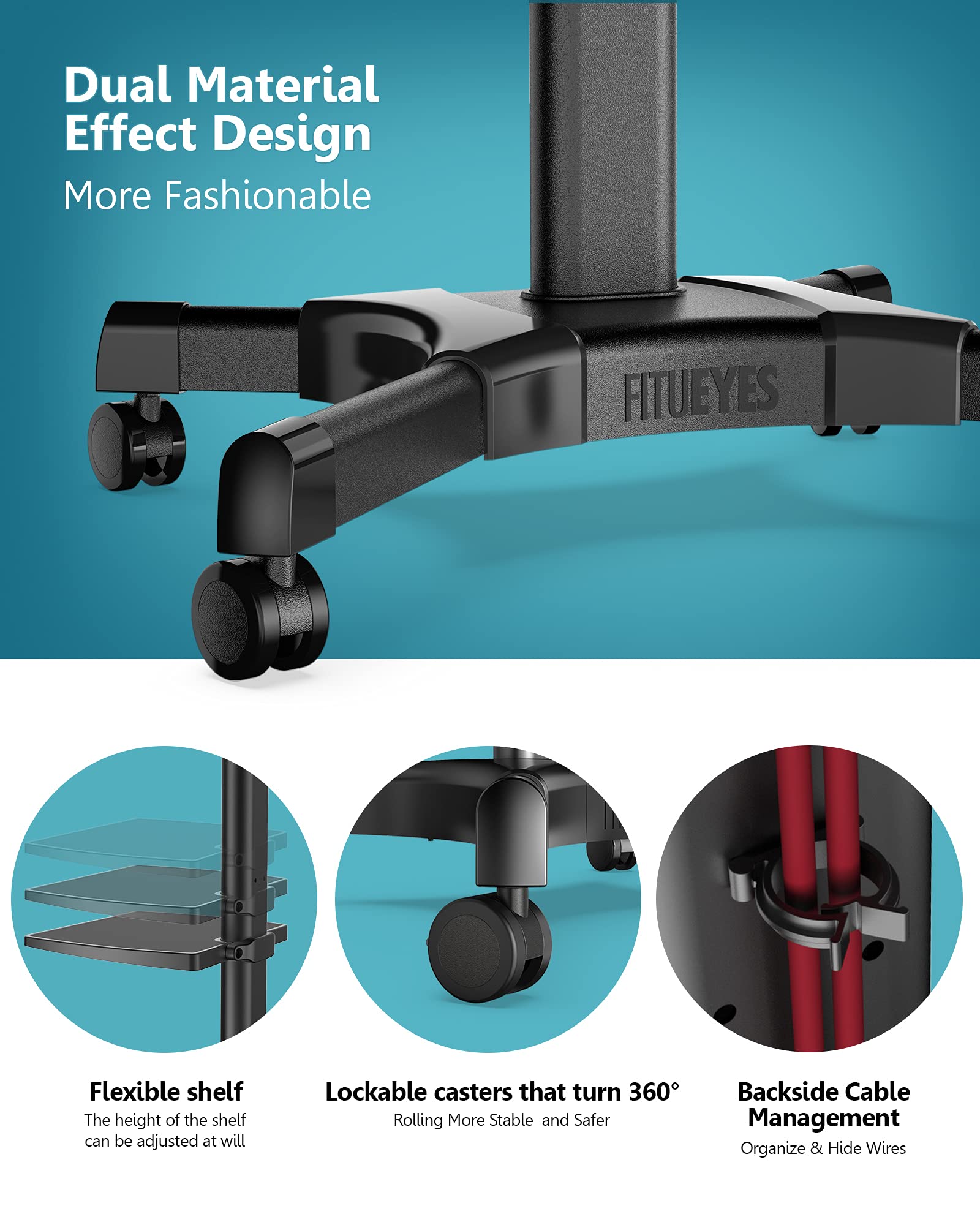 FITUEYES Tall TV Cart Mobile TV Stand for 32 to 70 Inch LED LCD Flat Curved Screen TVs Rolling Black Swivel Floor Stand with Height Adjustable Shelf & Lockable Casters - VESA 600x400mm, holds up 88lbs