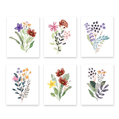 XUOIAYNB Watercolor Minimalist Wildflowers Art Print, Modern Botanical Plant Leaves Canvas Wall art (8"x10"x6pcs, Unframed), Colorful Floral Flower Print for Garden Farmhouse Bedroom Decor
