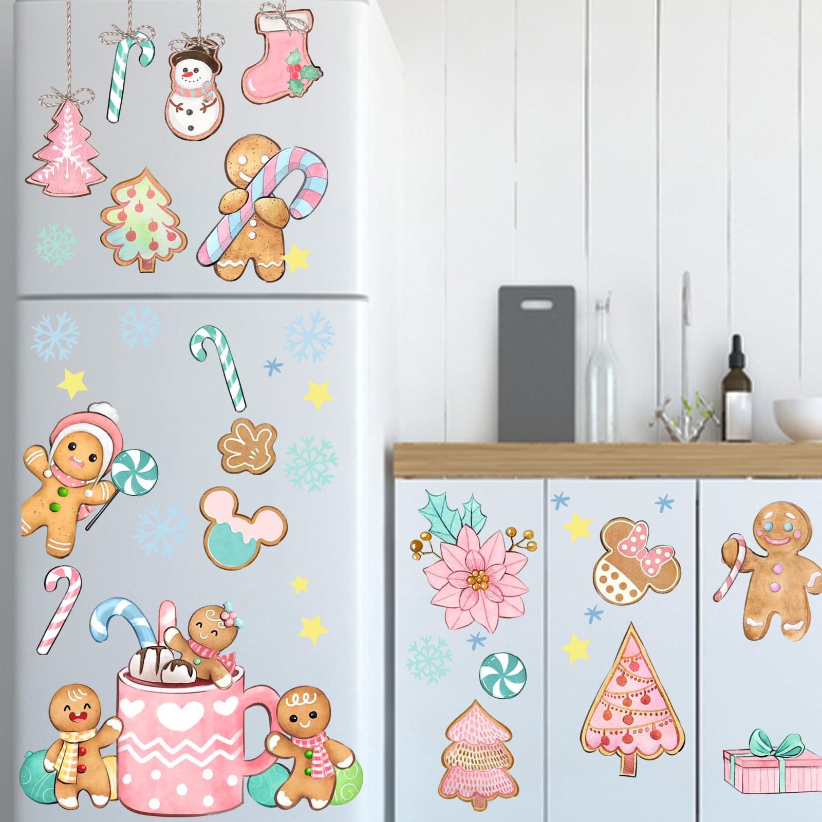 Mfault 148 PCS Merry Christmas Gingerbread Window Clings 9 Sheets, Xmas Ginger Bread Man Pink Candy Cane House Stickers Decals Decorations, Winter Snowflake Living Room Home Kitchen Decor Holiday Gift
