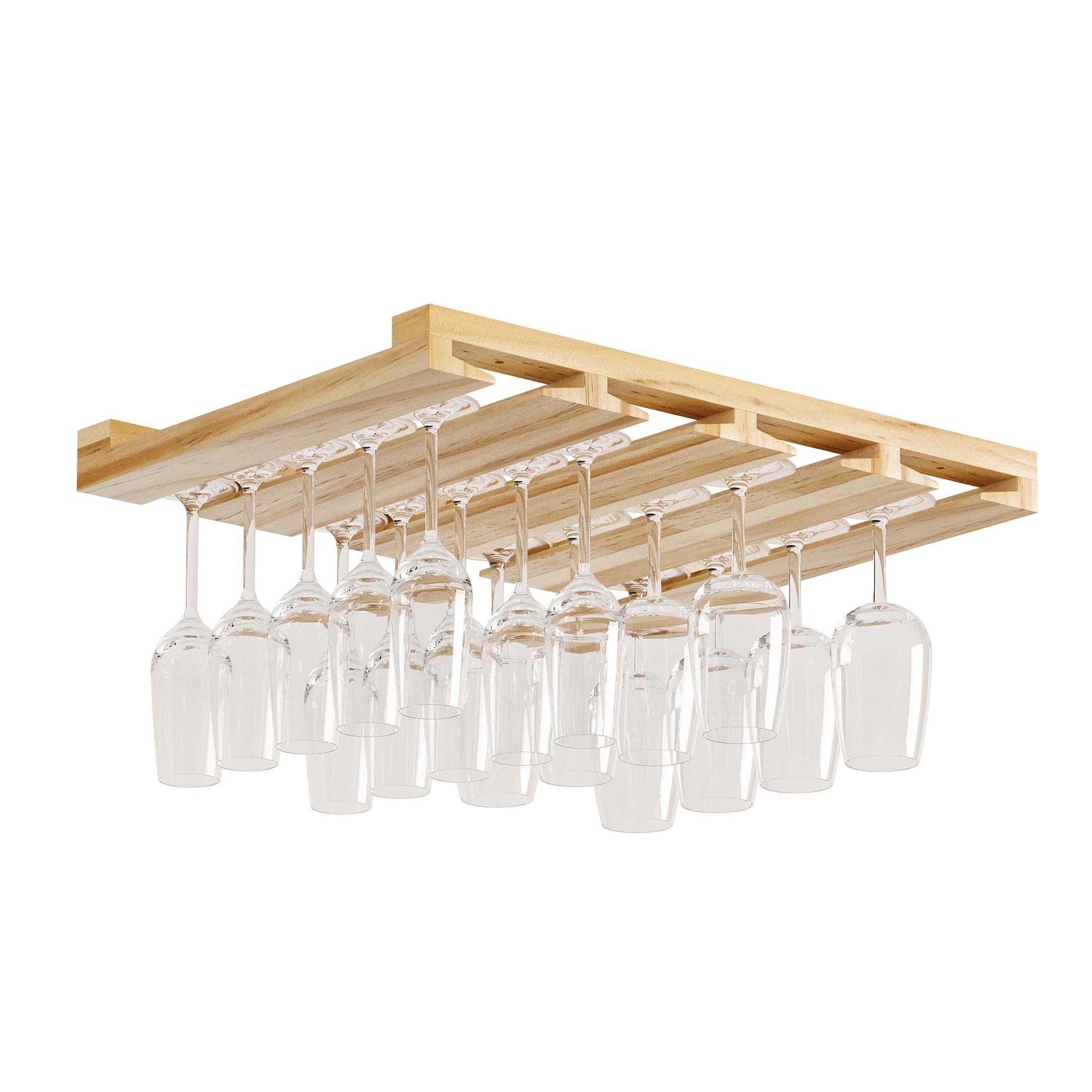 Rustic State 4 Sectional Adjustable Under Cabinet Mount Wood Stemware Rack Hanging Shelf Glassware Holder Bar Organizer with up to 12 Wine Glass Storage 10 Inch Deep Natural