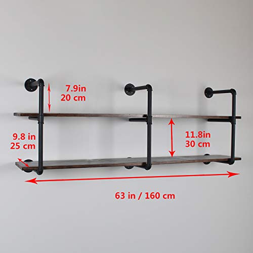 OISSIO Industrial Pipe Wall Shelf,2-Tiers Wall Mount Bookshelf,63in Rustic Wall Mount Shelf,DIY Storage Shelving Floating Shelves,Rustic Pipe Shelving Unit,Wall Book Shelf for Home Organizer