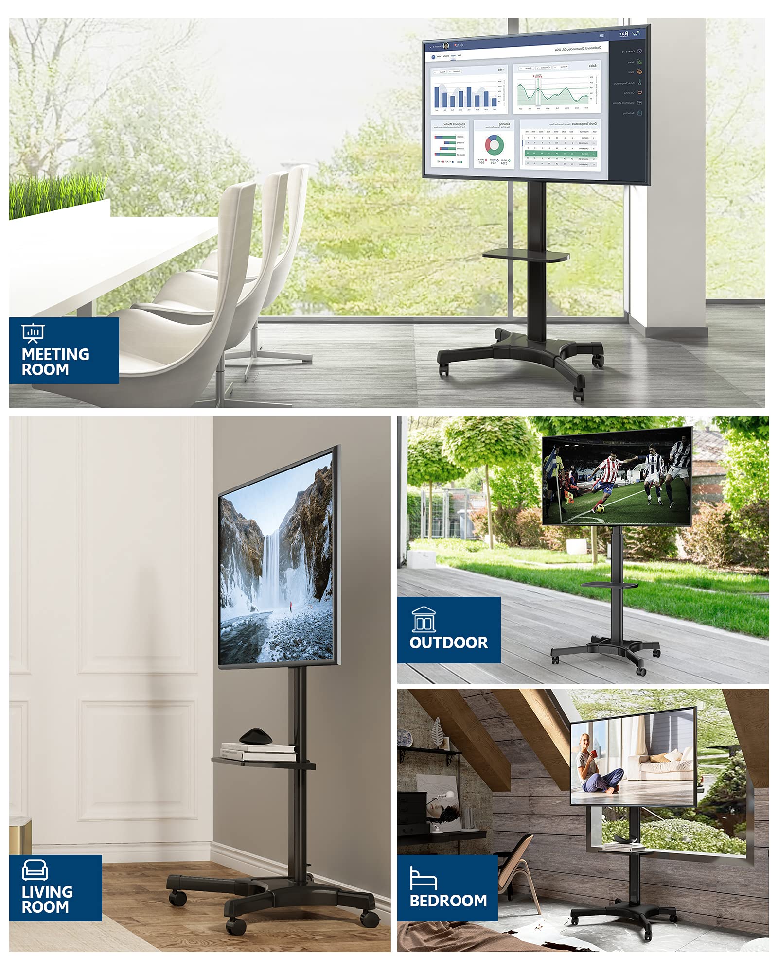 FITUEYES Tall TV Cart Mobile TV Stand for 32 to 70 Inch LED LCD Flat Curved Screen TVs Rolling Black Swivel Floor Stand with Height Adjustable Shelf & Lockable Casters - VESA 600x400mm, holds up 88lbs
