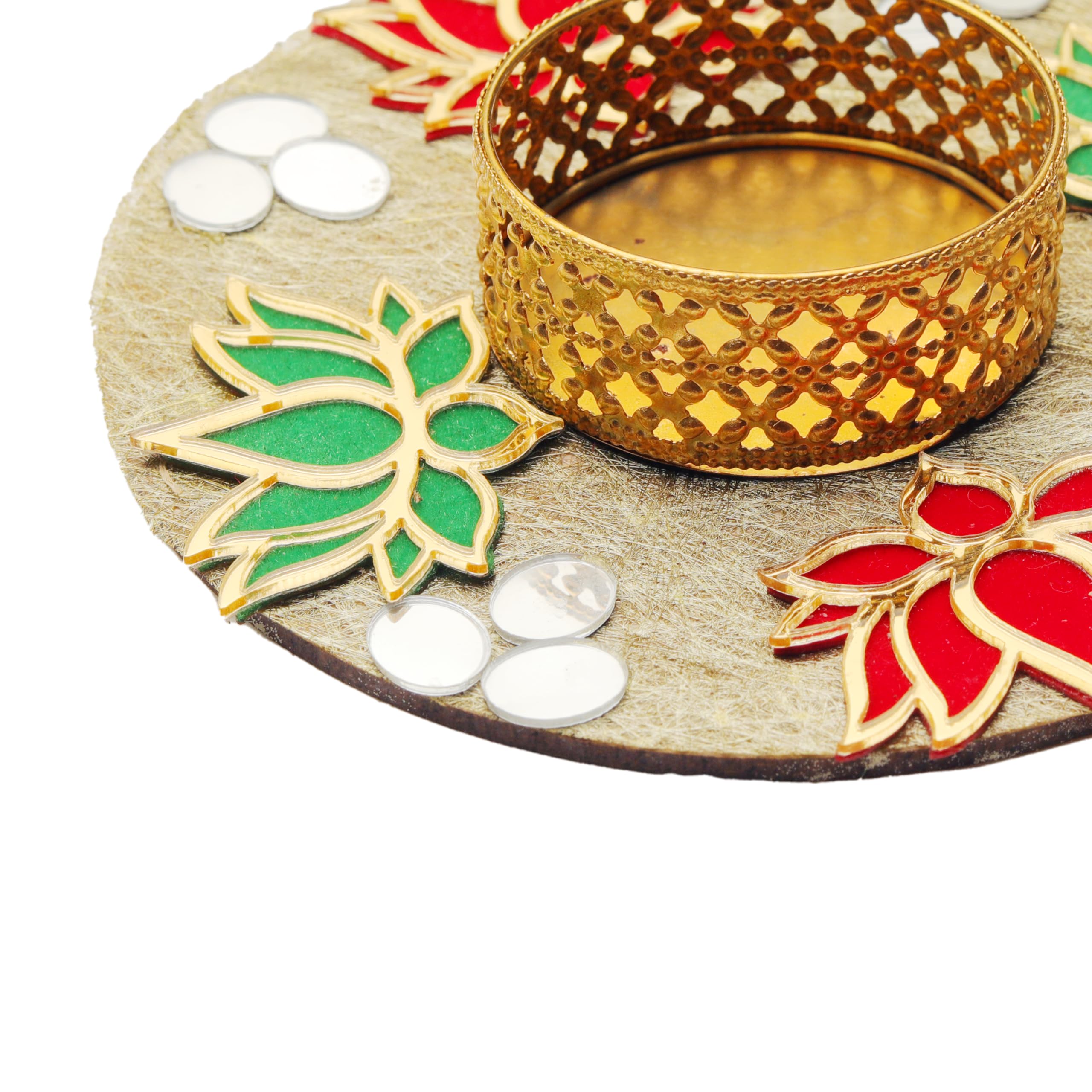 Set of 2 MDF Wooden Lotus Base T Light Holder Candle Stand Tealight Holders for Indian Traditional Festival Decoration Lighting Accessory Wedding Home Decor(Without Wax)(Red,Green)(Size:-4")