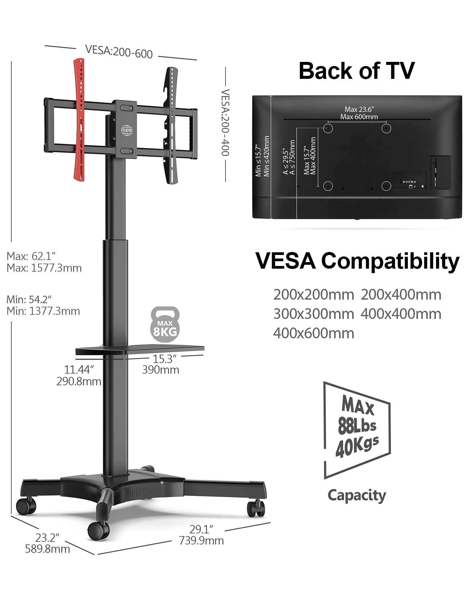 FITUEYES Tall TV Cart Mobile TV Stand for 32 to 70 Inch LED LCD Flat Curved Screen TVs Rolling Black Swivel Floor Stand with Height Adjustable Shelf & Lockable Casters - VESA 600x400mm, holds up 88lbs