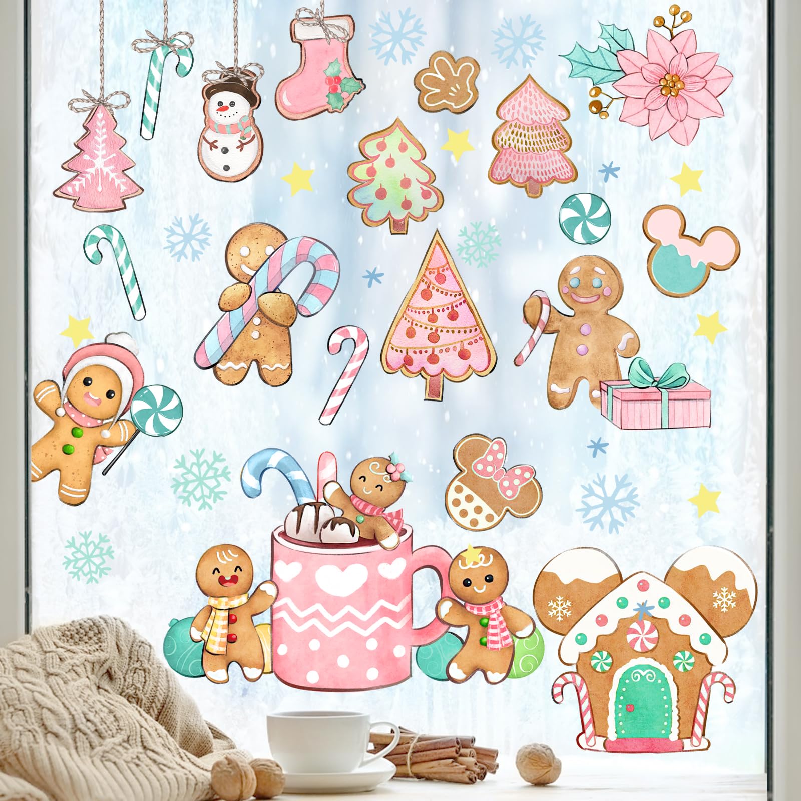 Mfault 148 PCS Merry Christmas Gingerbread Window Clings 9 Sheets, Xmas Ginger Bread Man Pink Candy Cane House Stickers Decals Decorations, Winter Snowflake Living Room Home Kitchen Decor Holiday Gift