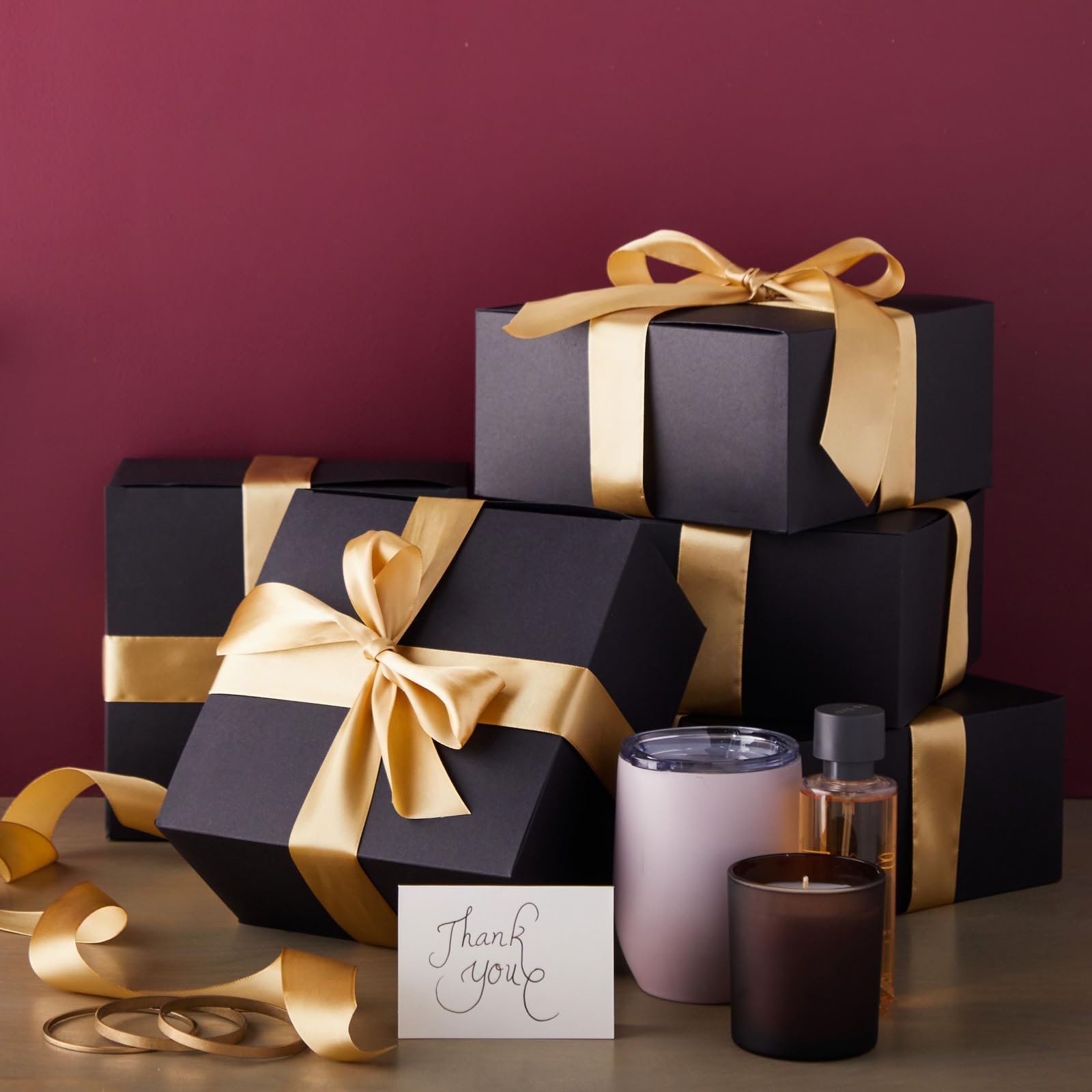 Stockroom Plus 10 Pack Black Gift Boxes with Lids, Ribbon and Blank White Greeting Cards (8 x 8 x 4 in)
