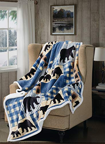Virah Bella Cabin Flannel Sherpa Throw Blanket for Couch - 50" x 60" - Black Bear Plaid Flannel Blanket