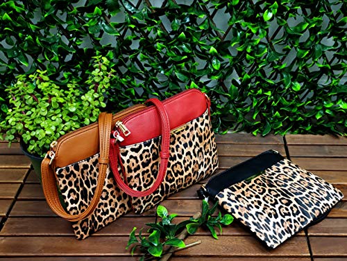 Trendeology Leopard Print Vegan Leather Tassel Accent Multi Pocket Small Medium Crossbody (1Leopard Print Pocket - Red)