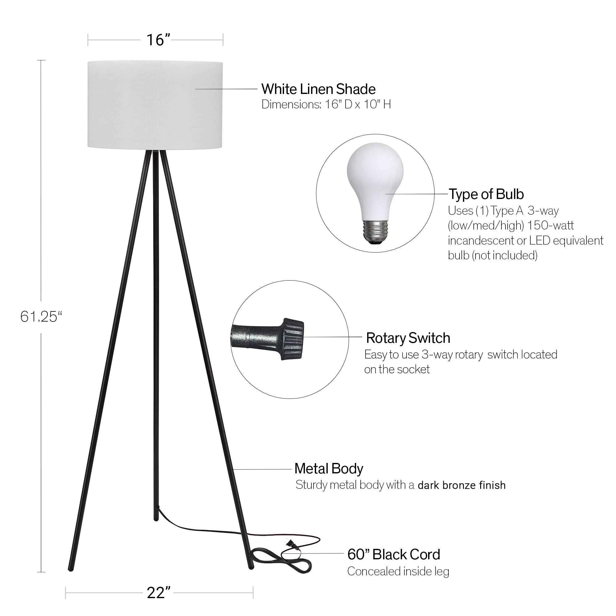 Catalina 19973-000 Mid-Century Modern Tripod Floor Lamp, 61.25", Black Classic