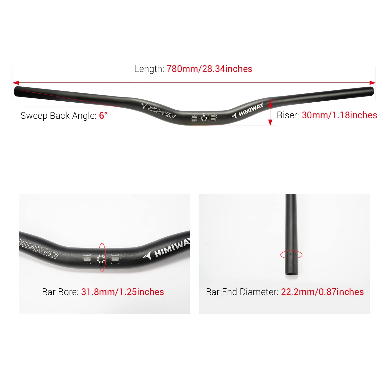 Himiway Mountain Bike Handlebars, Aluminum Alloy MTB Riser Bars Handlebar Rise 30mm Diameter 31.8mm Length 780mm Extra Long Black Bicycle Handlebar for Most MTB, Road Bike