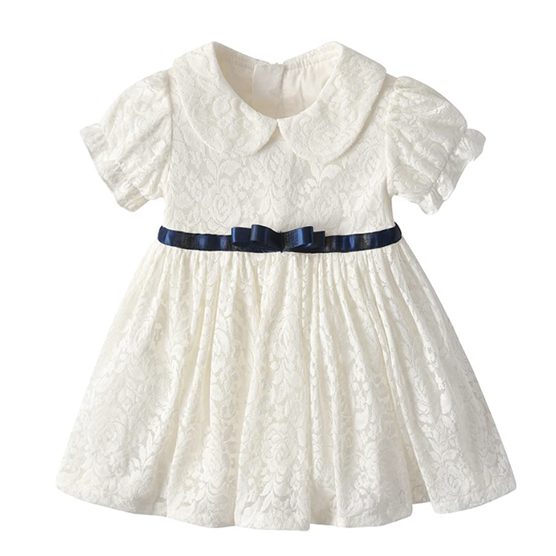 DINGDONG'S CLOSET Baby Tollder Kid Girl Short Sleeve White Flower Bowknot Lace Princess Dress (3T)