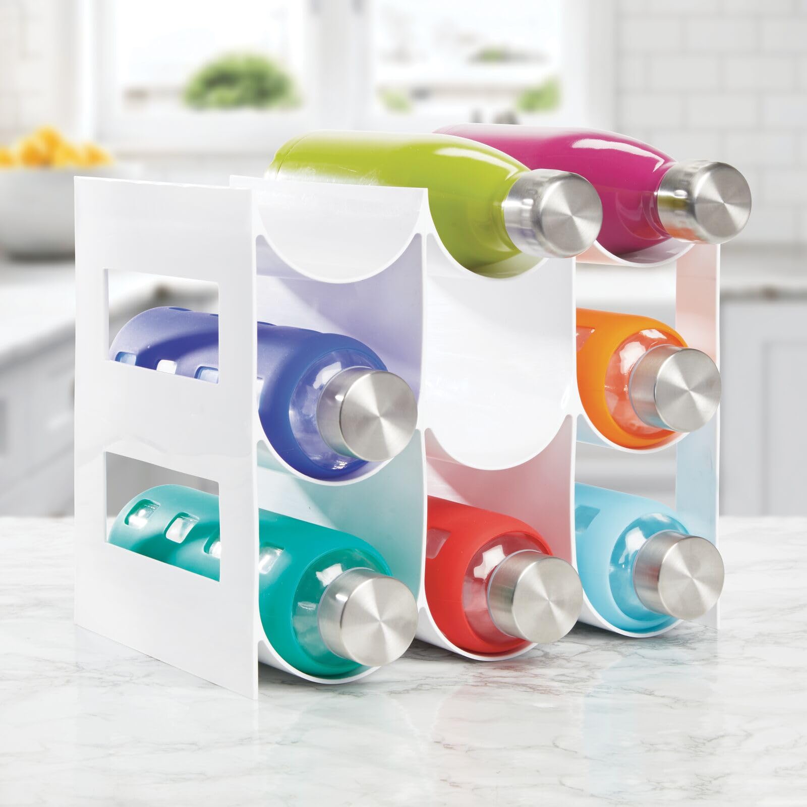 mDesign Plastic Free-Standing Water Bottle Organization/Wine Rack Storage Organizer for Kitchen Countertops, Cabinet, Bin, Pantry, Fridge, Refrigerator, 3 Tiers, 9 Bottles, Lumiere Collection - White