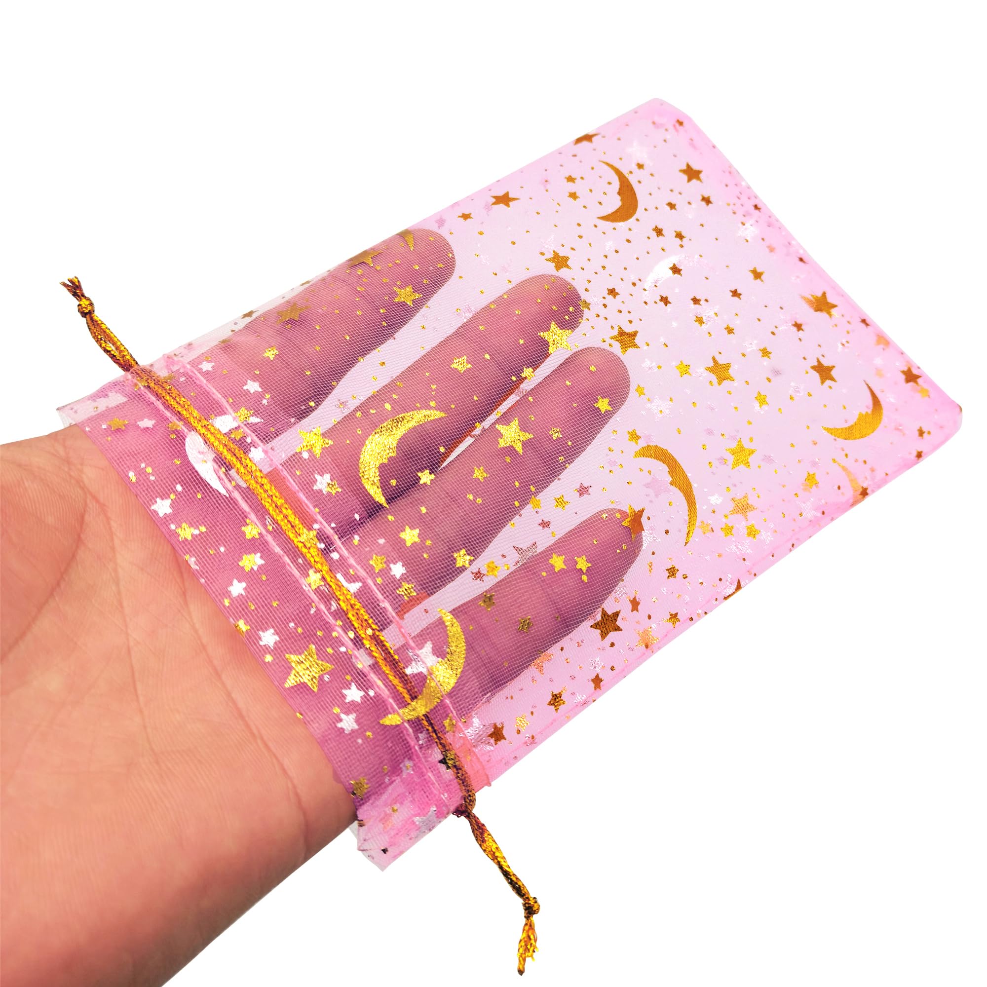 DIYOMR 120Pcs Dream Night Sky Star Moon Gold Organza Lovely Bags Jewelry Cosmetic Bags 4.3x6.3 Inch Drawstring Mesh Favor Pouches Giftwrap Bags for Wedding Party Gift Packaging (Pink)