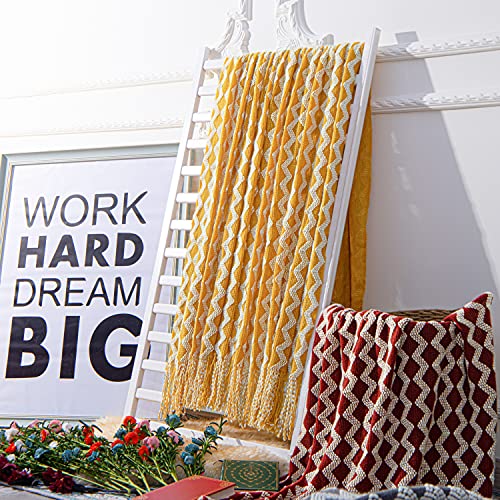 NTBAY Acrylic Knitted Throw Blanket, Lightweight and Soft Cozy Decorative Woven Blanket with Tassels for Travel, Couch, Bed, Sofa, 51x67 Inches, Mustard Yellow Wave
