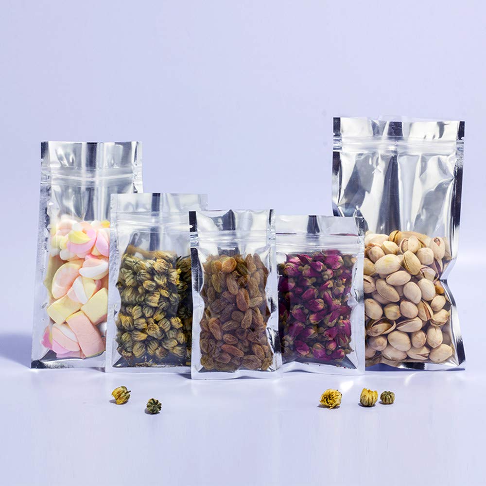 100 Pack Clear Front Reclosable Airtight Mylar Bags 8.5x14cm (3.3x5.5inch) for Zip Heat Seal Aluminum Foil Packaging Lock Plastic Bag Valve Zipper Lock Bulk Food Storage Candy Foil Pouch