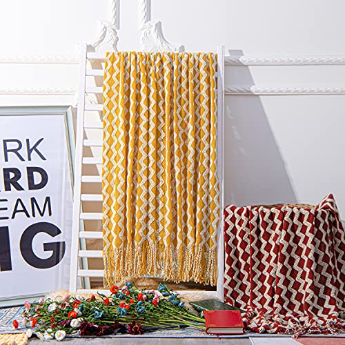 NTBAY Acrylic Knitted Throw Blanket, Lightweight and Soft Cozy Decorative Woven Blanket with Tassels for Travel, Couch, Bed, Sofa, 51x67 Inches, Mustard Yellow Wave