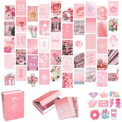Artivo Pink Wall Collage Kit Aesthetic Pictures 50 Set 4x6, Light Pastel Pink Wall Decor for Teen Girls and Kids, Cute Bedroom Decor, College Dorm Decor…
