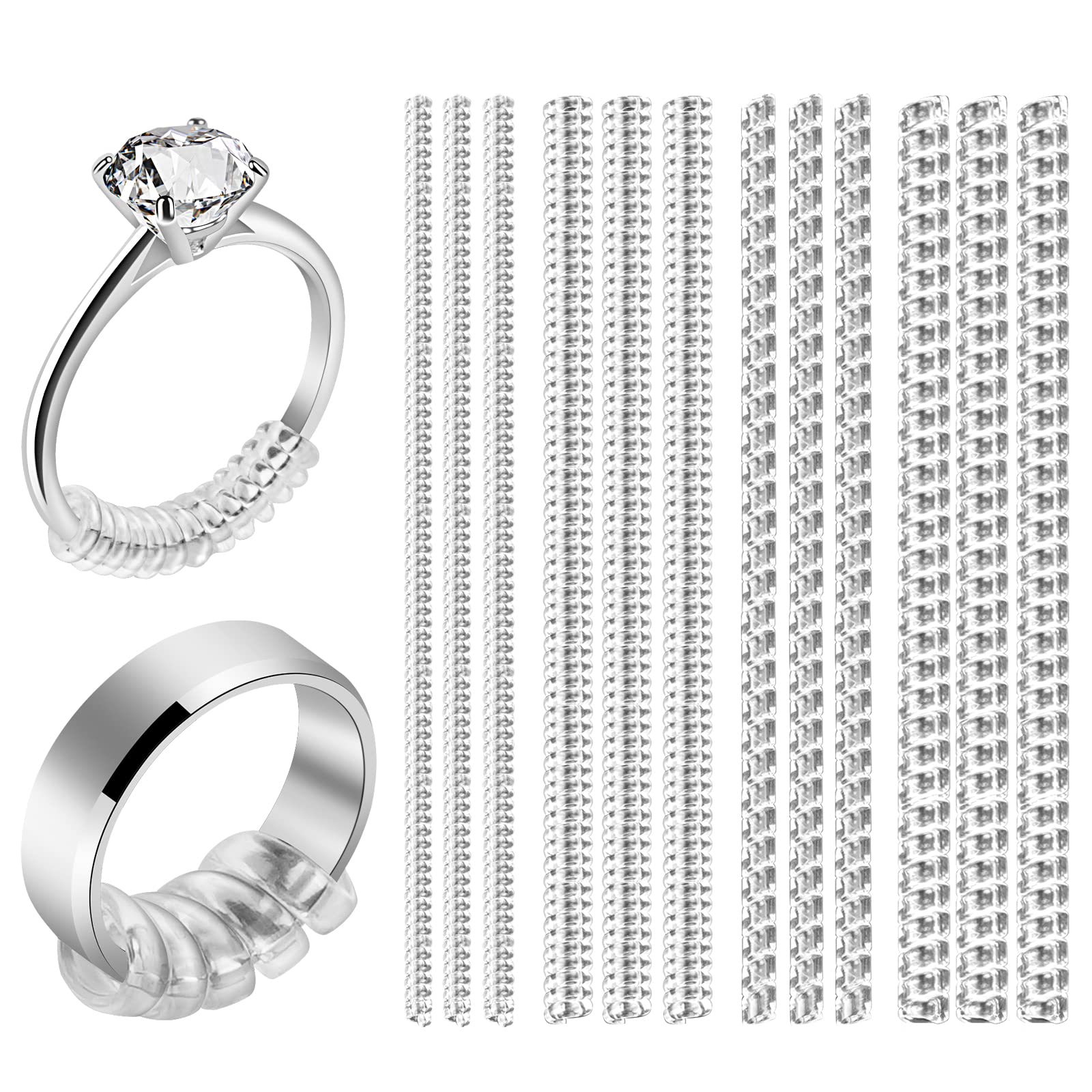 ARCUAT Ring Sizer Adjuster for Loose Rings, 12 Pack 4 Sizes Invisible Clear Silicone Ring Guard for Women Men, Ring Resizer Tightener Spacer Fitter for Too Big Ring, Make Ring Smaller without Resizing