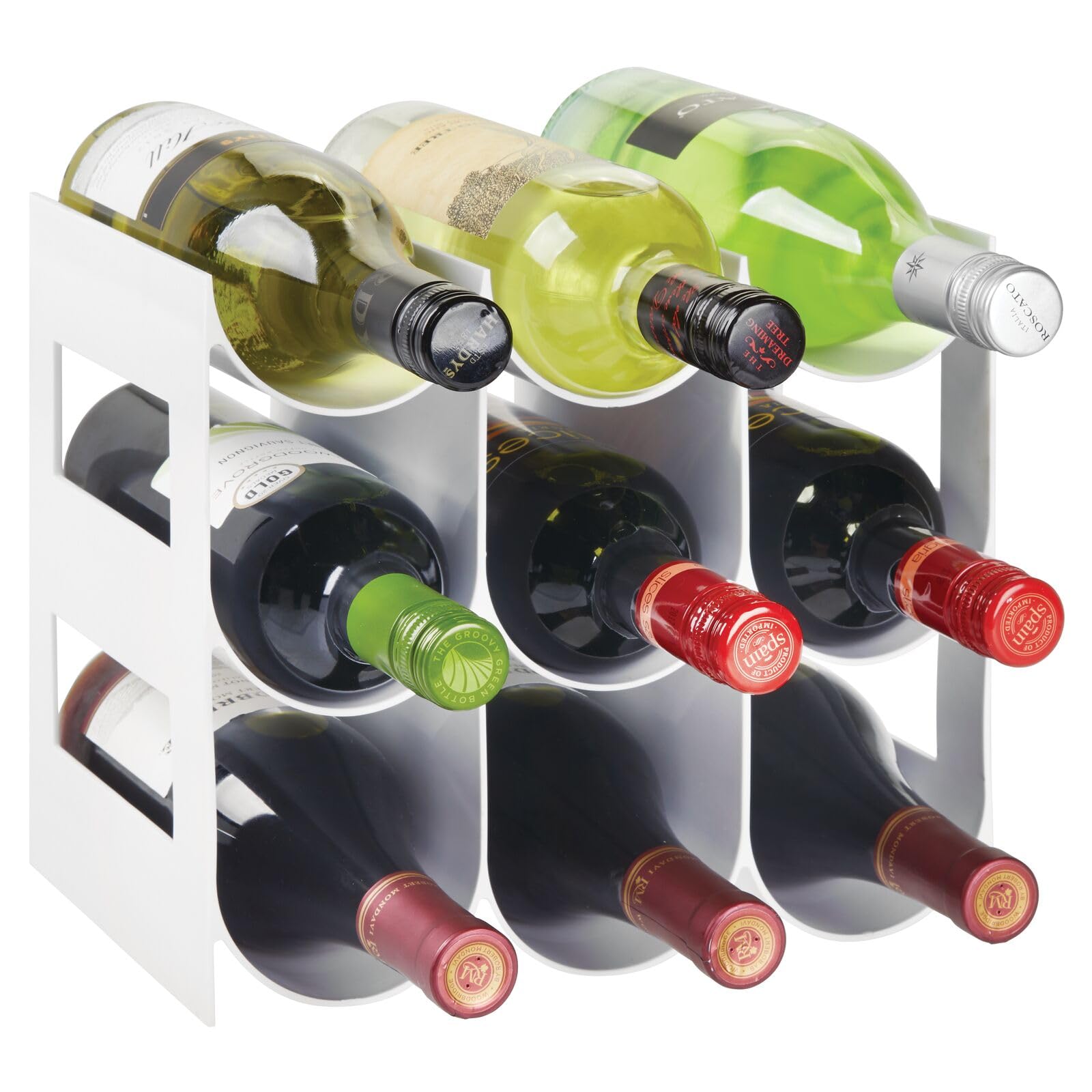 mDesign Plastic Free-Standing Water Bottle Organization/Wine Rack Storage Organizer for Kitchen Countertops, Cabinet, Bin, Pantry, Fridge, Refrigerator, 3 Tiers, 9 Bottles, Lumiere Collection - White