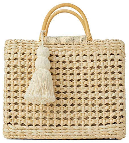 QZUnique Women's Summer Straw Shoulder Bag Lining Handbag Tassel Wooden Handles Handwoven Crossbody Hobo Bag Purse