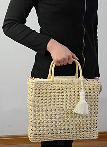 QZUnique Women's Summer Straw Shoulder Bag Lining Handbag Tassel Wooden Handles Handwoven Crossbody Hobo Bag Purse