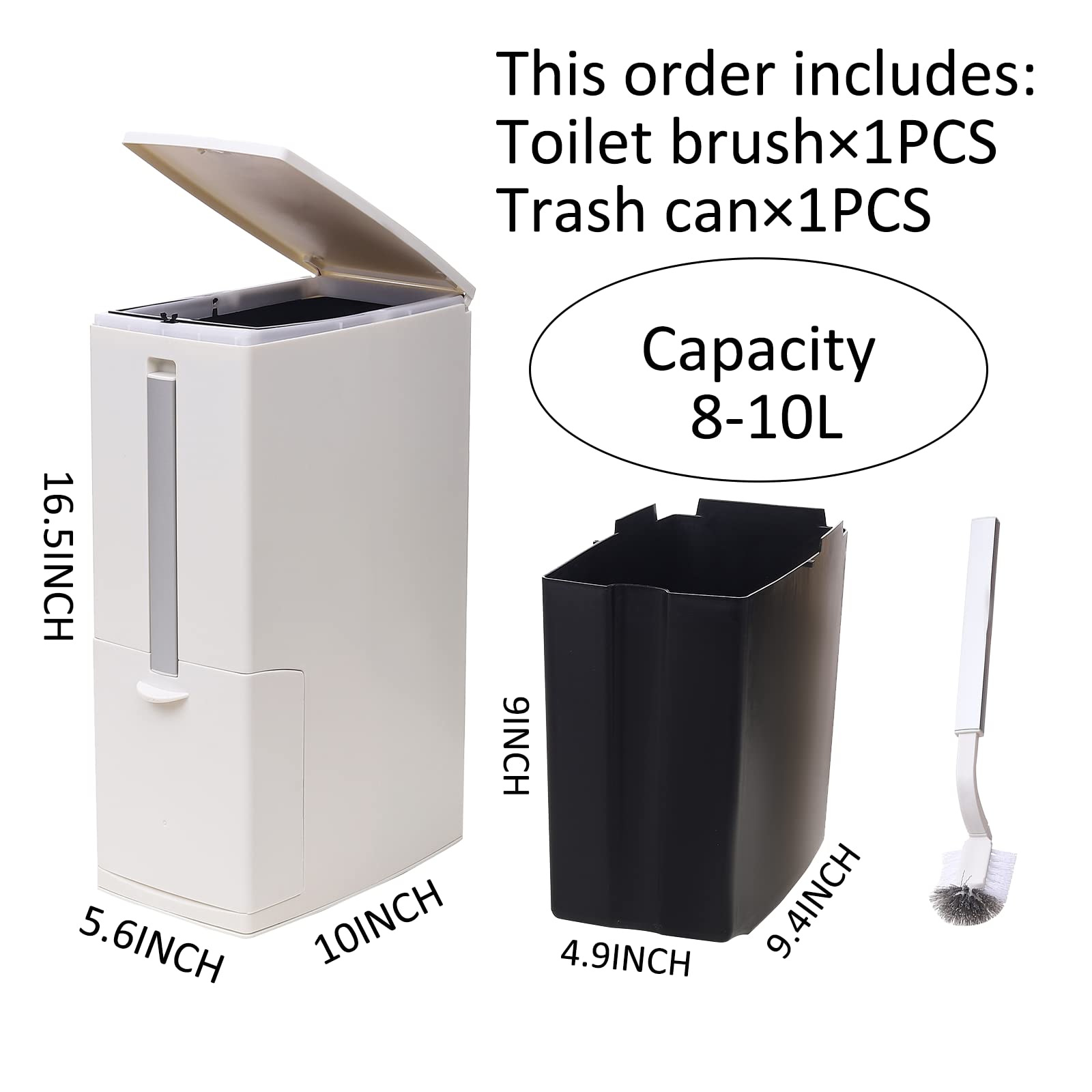 Cq acrylic Slim Plastic Trash Can 1.3 Gallon, Trash can with Toilet Brush Holder, 5 Liter Garbage Can with Press Top Lid, White Rectangular Modern Waste Can for Bathroom