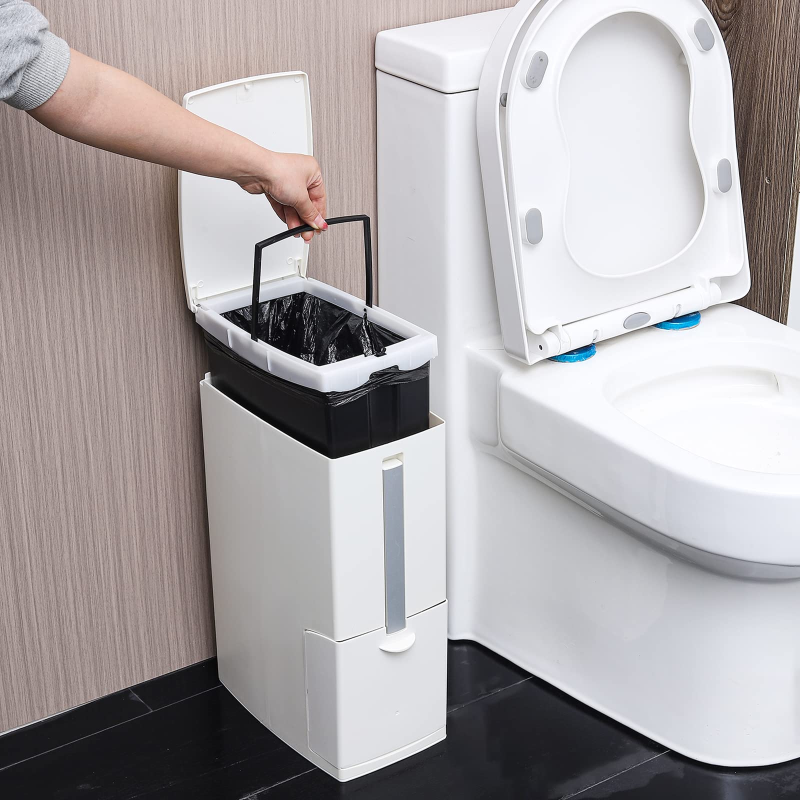 Cq acrylic Slim Plastic Trash Can 1.3 Gallon, Trash can with Toilet Brush Holder, 5 Liter Garbage Can with Press Top Lid, White Rectangular Modern Waste Can for Bathroom