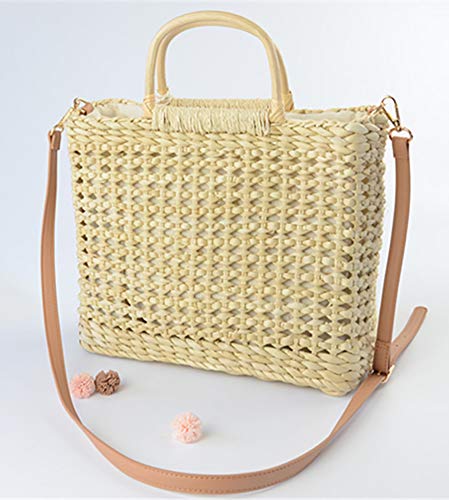 QZUnique Women's Summer Straw Shoulder Bag Lining Handbag Tassel Wooden Handles Handwoven Crossbody Hobo Bag Purse