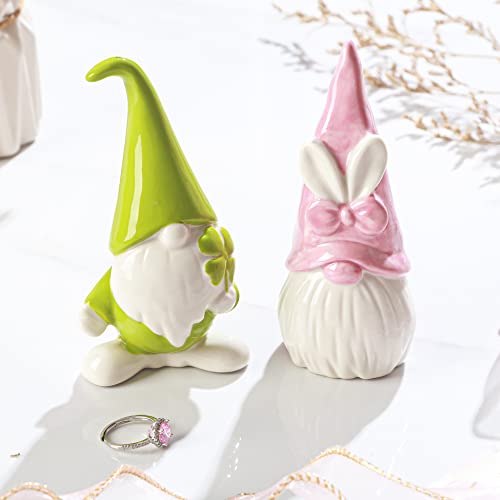 PUDDING CABIN Pink Bunny Gnome Figurine Ring Holder Ring Stand Ring Display Rings Organizer, Cute Gnome Decor for KitchenBathroom Bedroom Beside, Gnome Gifts for Women Girls Birthday, Easter Decor