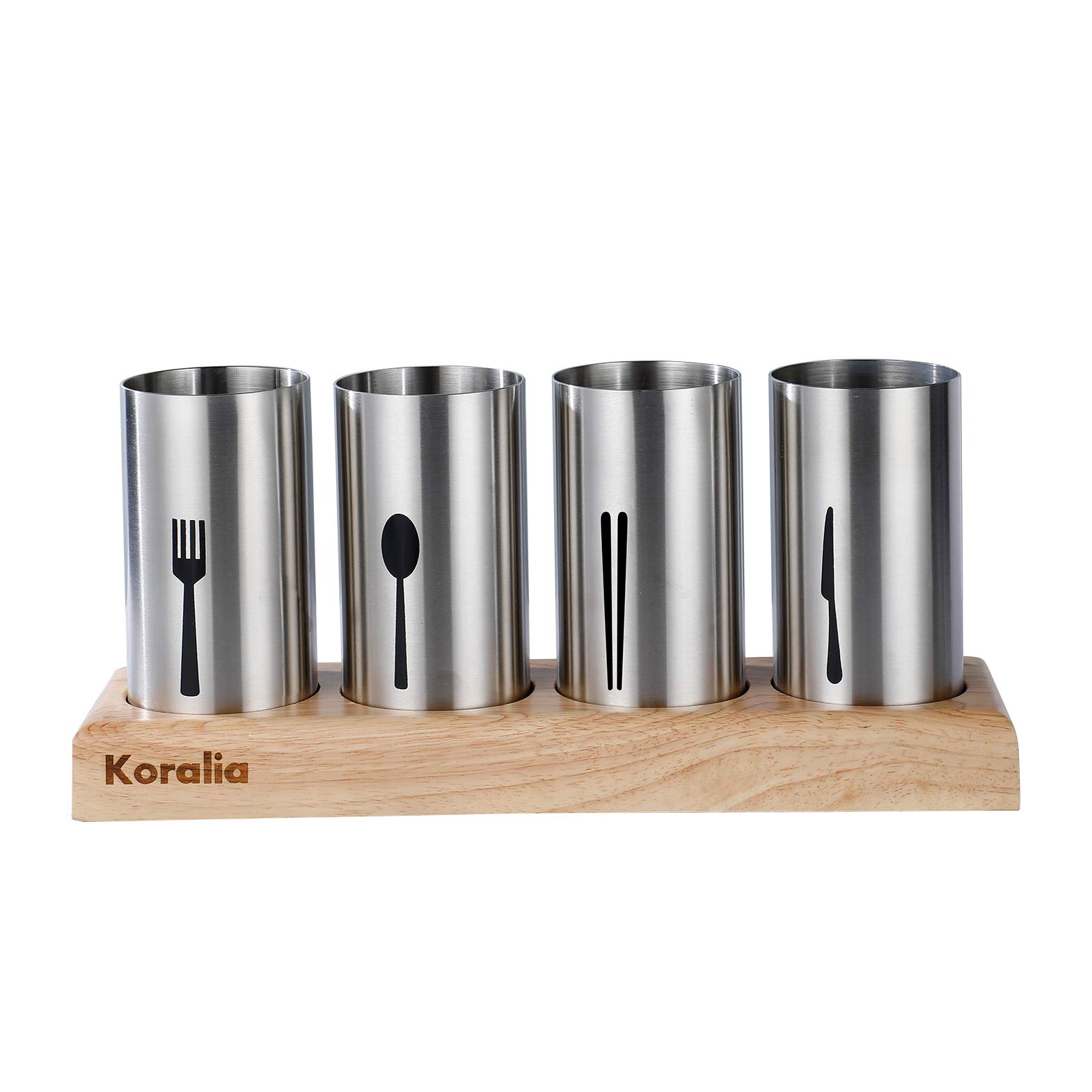 Koralia Home Stainless Steel Flatware & Silverware 3PC 4PC Organizer Organiser Cutlery Holder with Wood Base for Spoons, Forks, Knives – Ideal for Kitchen, Dining, and Much More (4PCS)