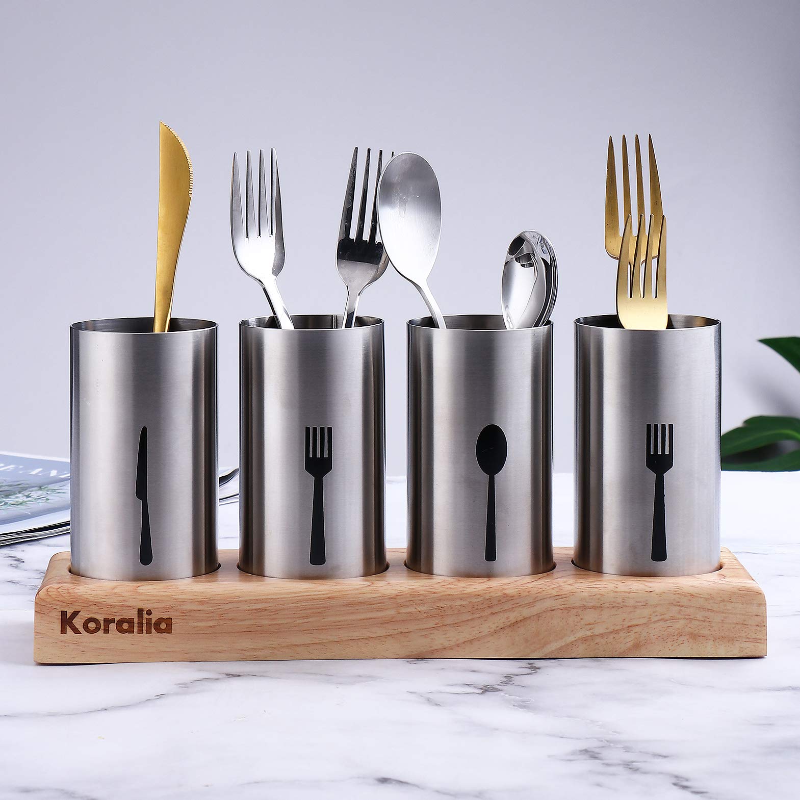 Koralia Home Stainless Steel Flatware & Silverware 3PC 4PC Organizer Organiser Cutlery Holder with Wood Base for Spoons, Forks, Knives β Ideal for Kitchen, Dining, and Much More (4PCS)