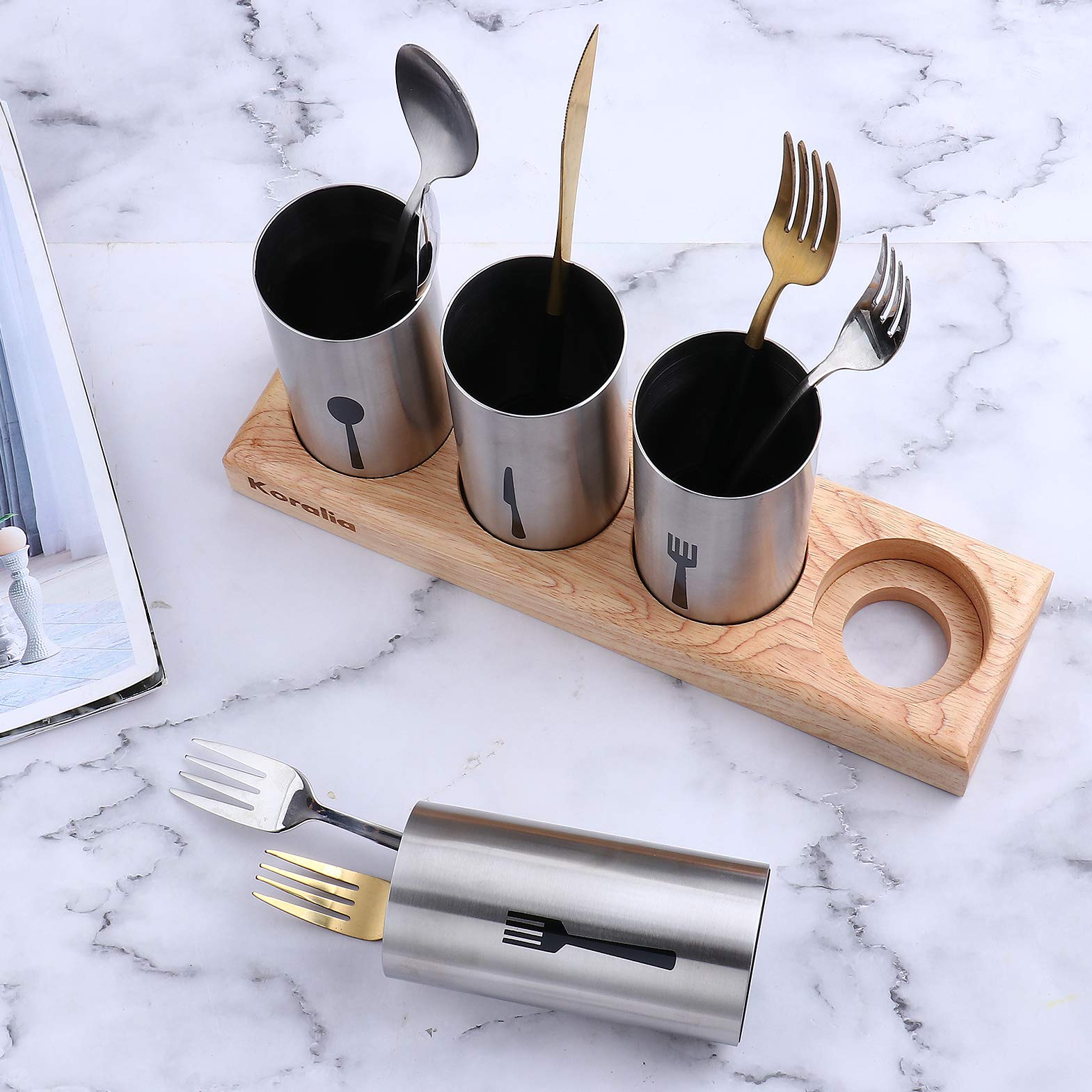 Koralia Home Stainless Steel Flatware & Silverware 3PC 4PC Organizer Organiser Cutlery Holder with Wood Base for Spoons, Forks, Knives β Ideal for Kitchen, Dining, and Much More (4PCS)