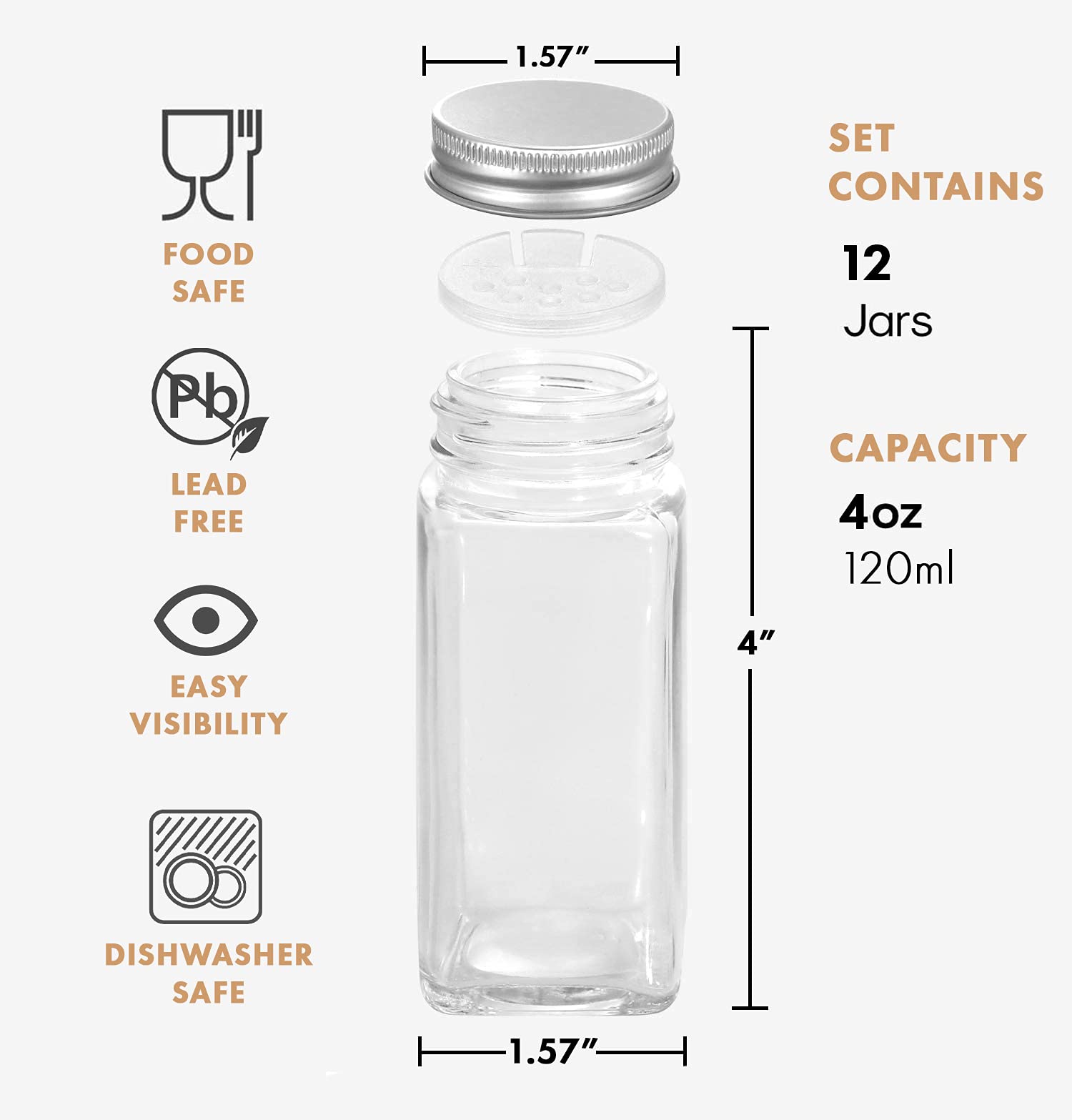 ROYALHOUSE 12 Pcs Glass Spice Jars/Bottles - 4oz Empty Square Spice Containers with Spice Labels and Airtight Metal Caps with Shaker Lids