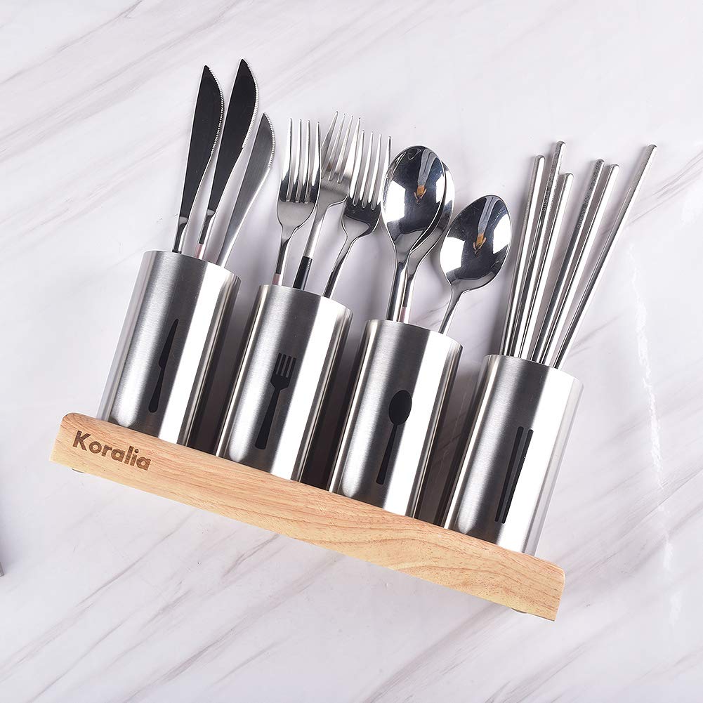 Koralia Home Stainless Steel Flatware & Silverware 3PC 4PC Organizer Organiser Cutlery Holder with Wood Base for Spoons, Forks, Knives β Ideal for Kitchen, Dining, and Much More (4PCS)