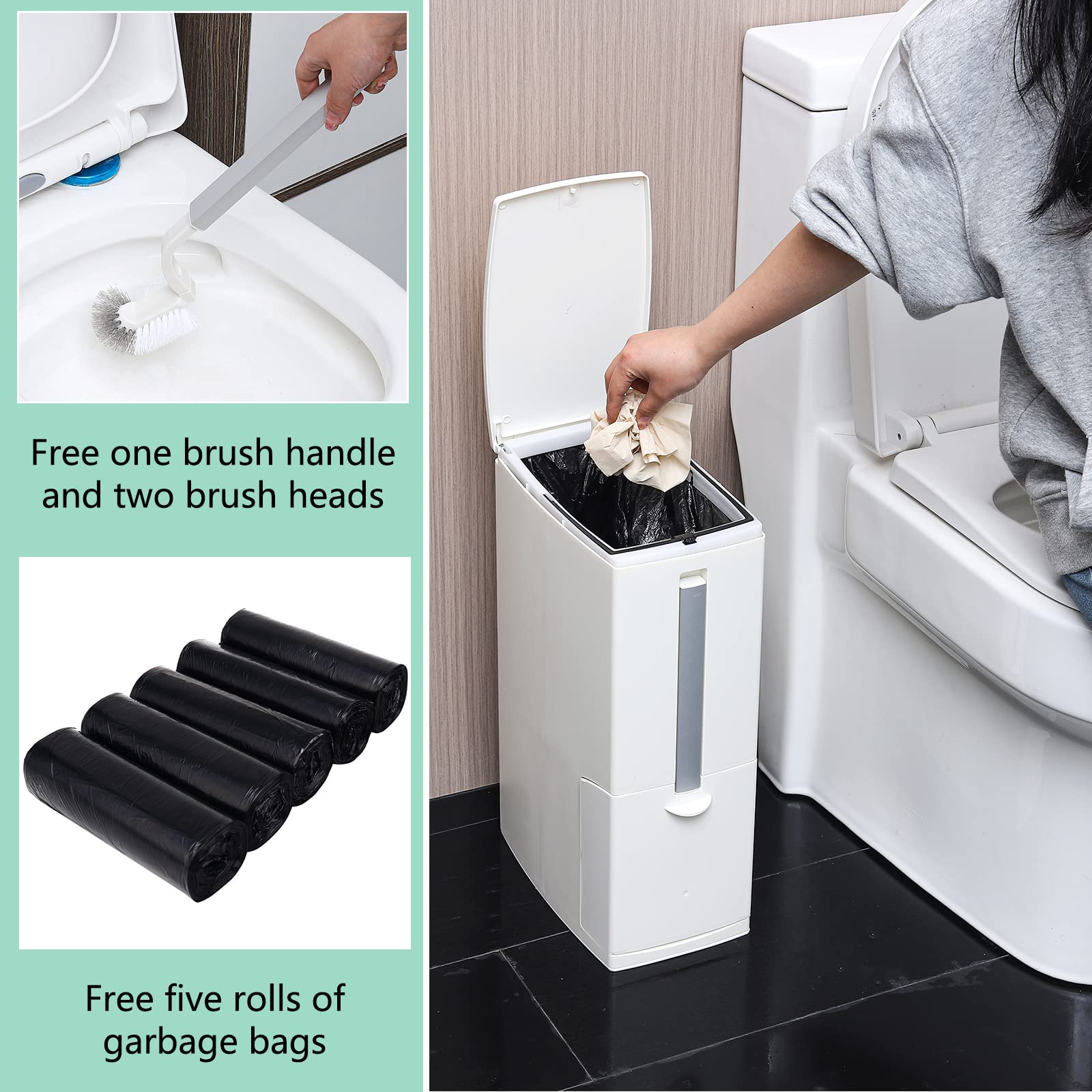 Cq acrylic Slim Plastic Trash Can 1.3 Gallon, Trash can with Toilet Brush Holder, 5 Liter Garbage Can with Press Top Lid, White Rectangular Modern Waste Can for Bathroom