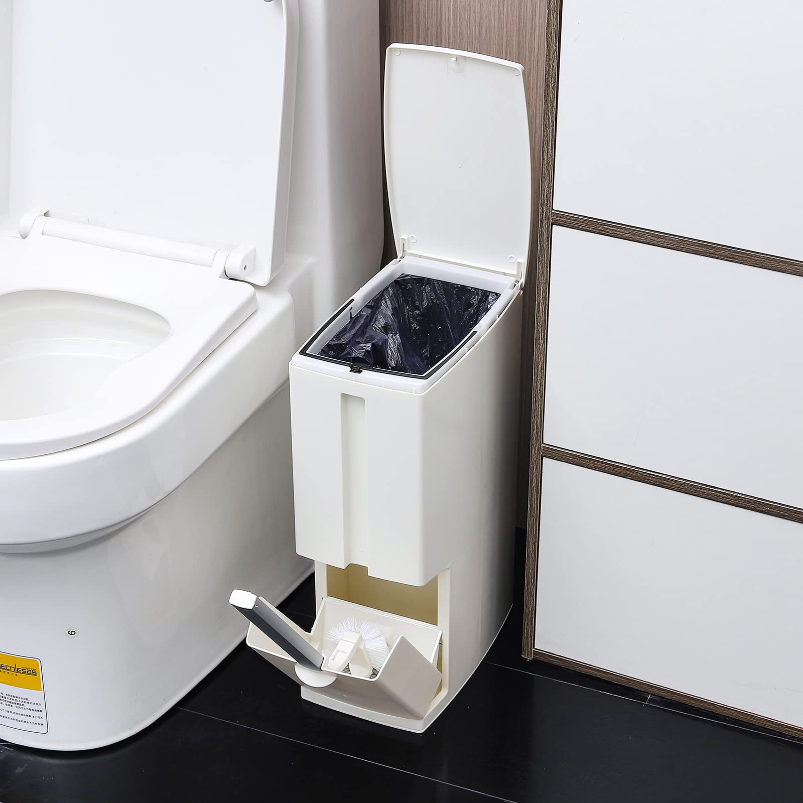 Cq acrylic Slim Plastic Trash Can 1.3 Gallon, Trash can with Toilet Brush Holder, 5 Liter Garbage Can with Press Top Lid, White Rectangular Modern Waste Can for Bathroom