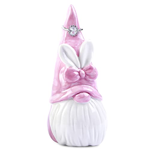 PUDDING CABIN Pink Bunny Gnome Figurine Ring Holder Ring Stand Ring Display Rings Organizer, Cute Gnome Decor for KitchenBathroom Bedroom Beside, Gnome Gifts for Women Girls Birthday, Easter Decor