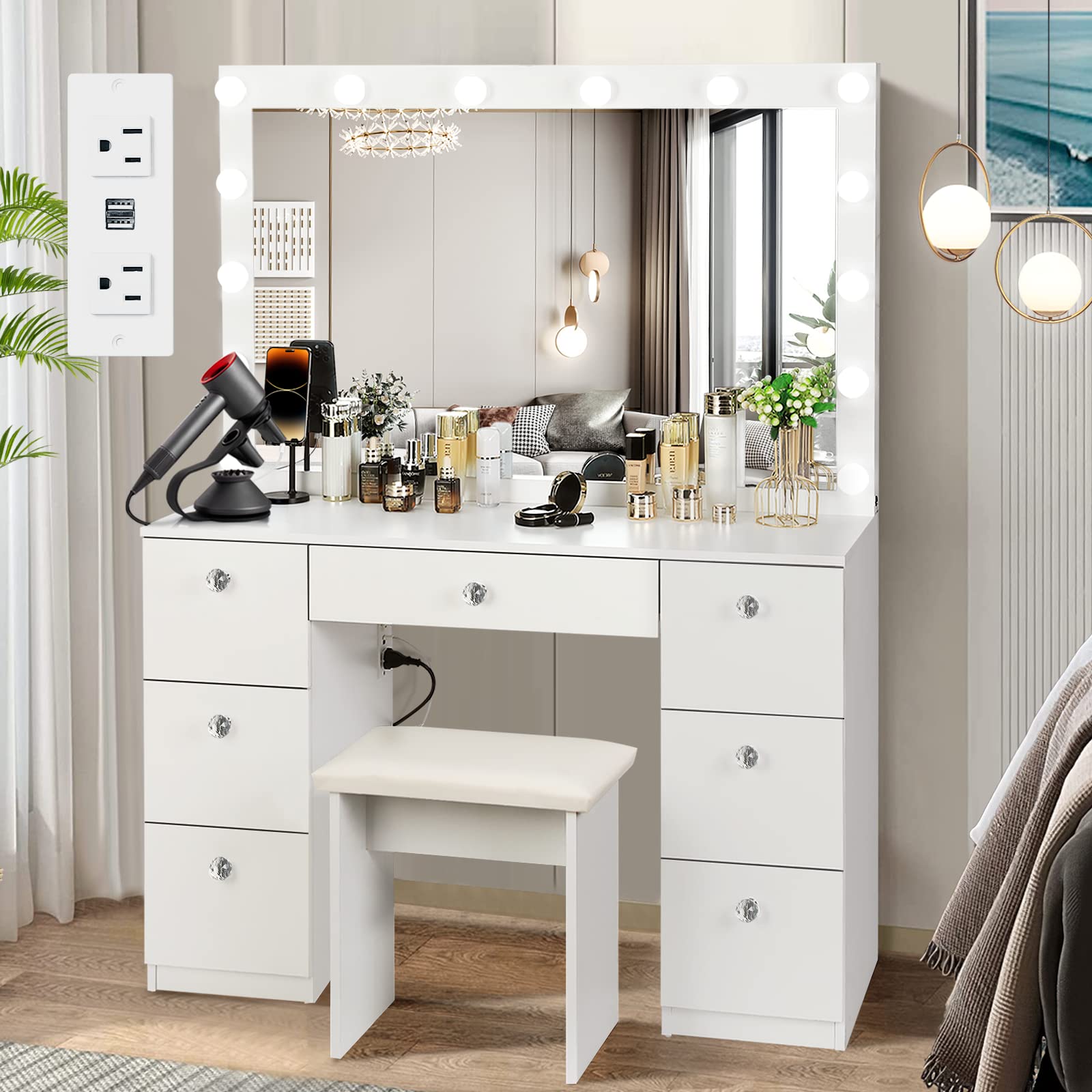 SMOOL Vanity with Lighted Mirror, Makeup Vanity Desk with Power Outlet and LED Bulbs, 3 Color Lighting Modes Adjustable Brightness, 7 Drawers Vanity Table with Cushioned Stool for Women Girls, 44'' L