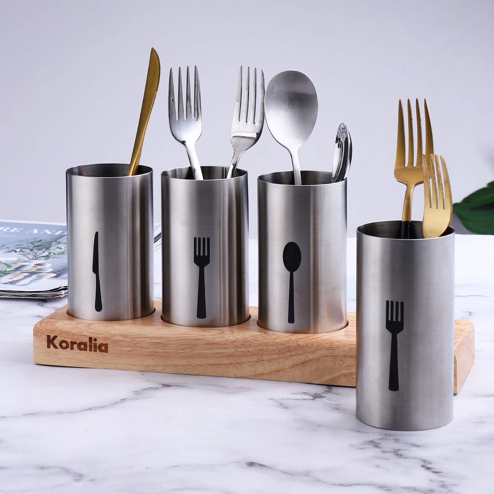 Koralia Home Stainless Steel Flatware & Silverware 3PC 4PC Organizer Organiser Cutlery Holder with Wood Base for Spoons, Forks, Knives β Ideal for Kitchen, Dining, and Much More (4PCS)
