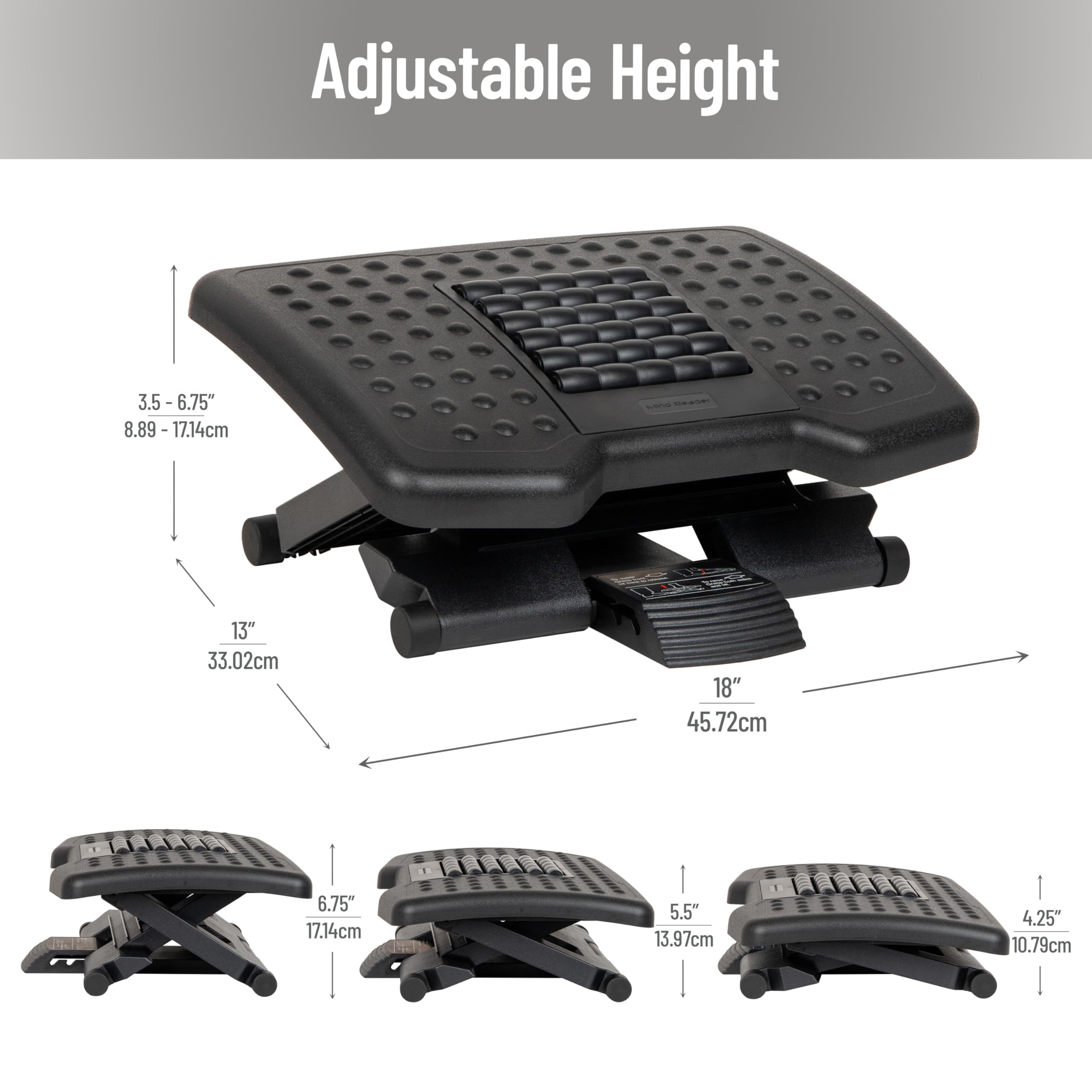 Mind Reader Adjustable Height Ergonomic Foot Rest with Massage Rollers, Black