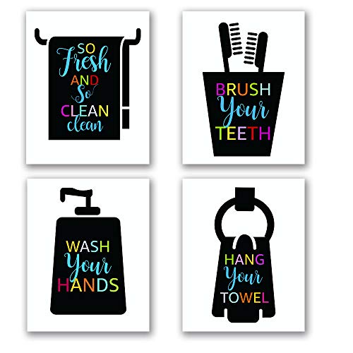 Funny Bathroom Quotes Art Print Watercolor Lettering Sign Wall Art Painting Poster, Bathroom Canvas Wall Art Printing, For Kids Washroom Decor, Black silhouette design, Set of 4 (8”X10”), No Frame