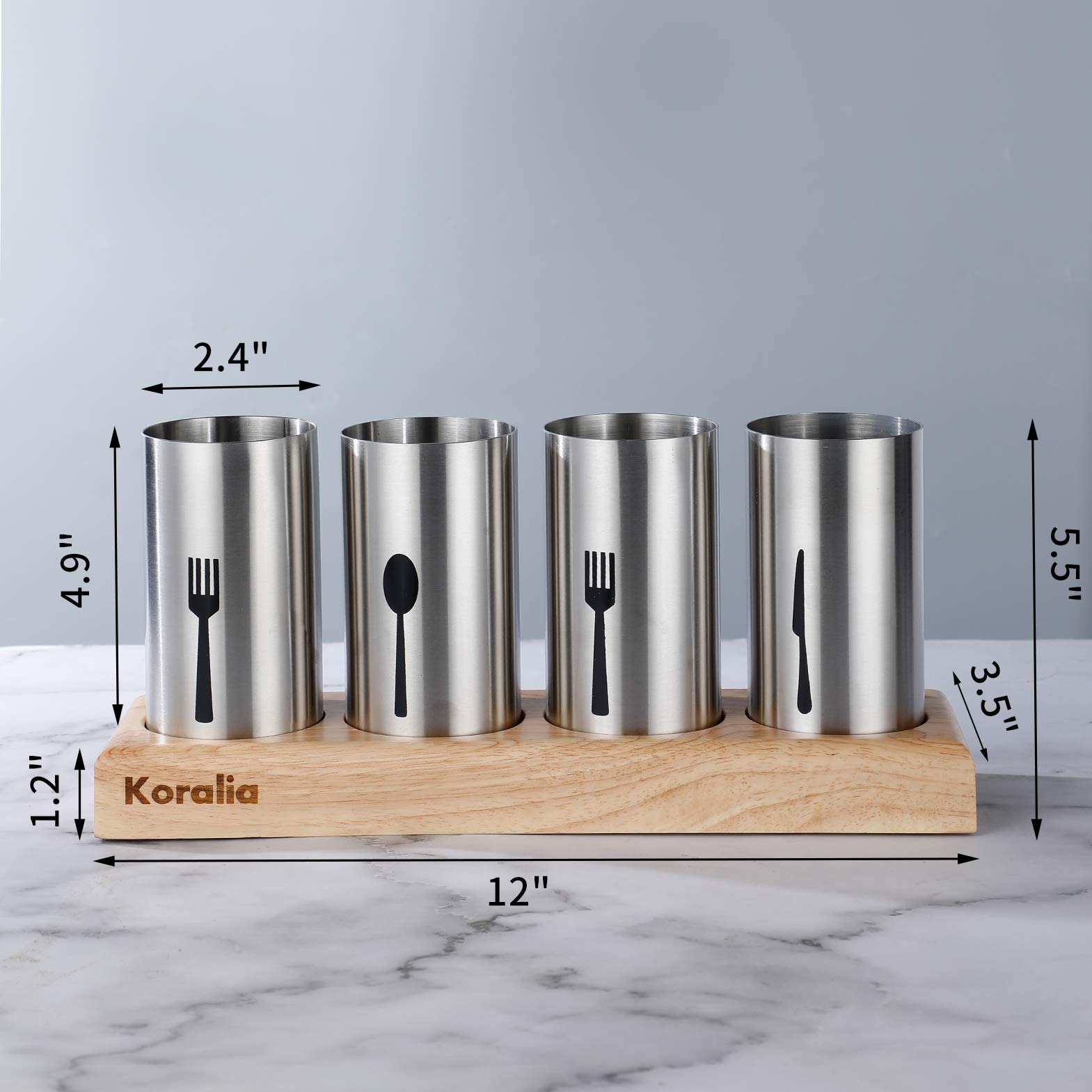 Koralia Home Stainless Steel Flatware & Silverware 3PC 4PC Organizer Organiser Cutlery Holder with Wood Base for Spoons, Forks, Knives β Ideal for Kitchen, Dining, and Much More (4PCS)