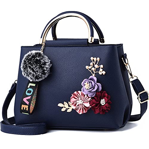 Dayfine Women Purse Top Handle Handbags PU Leather 3D Floral Inlay Satchel Bag Shoulder Crossbody Bags Ladise Medium Tote Bag with Hair Ball Pendant -Blue