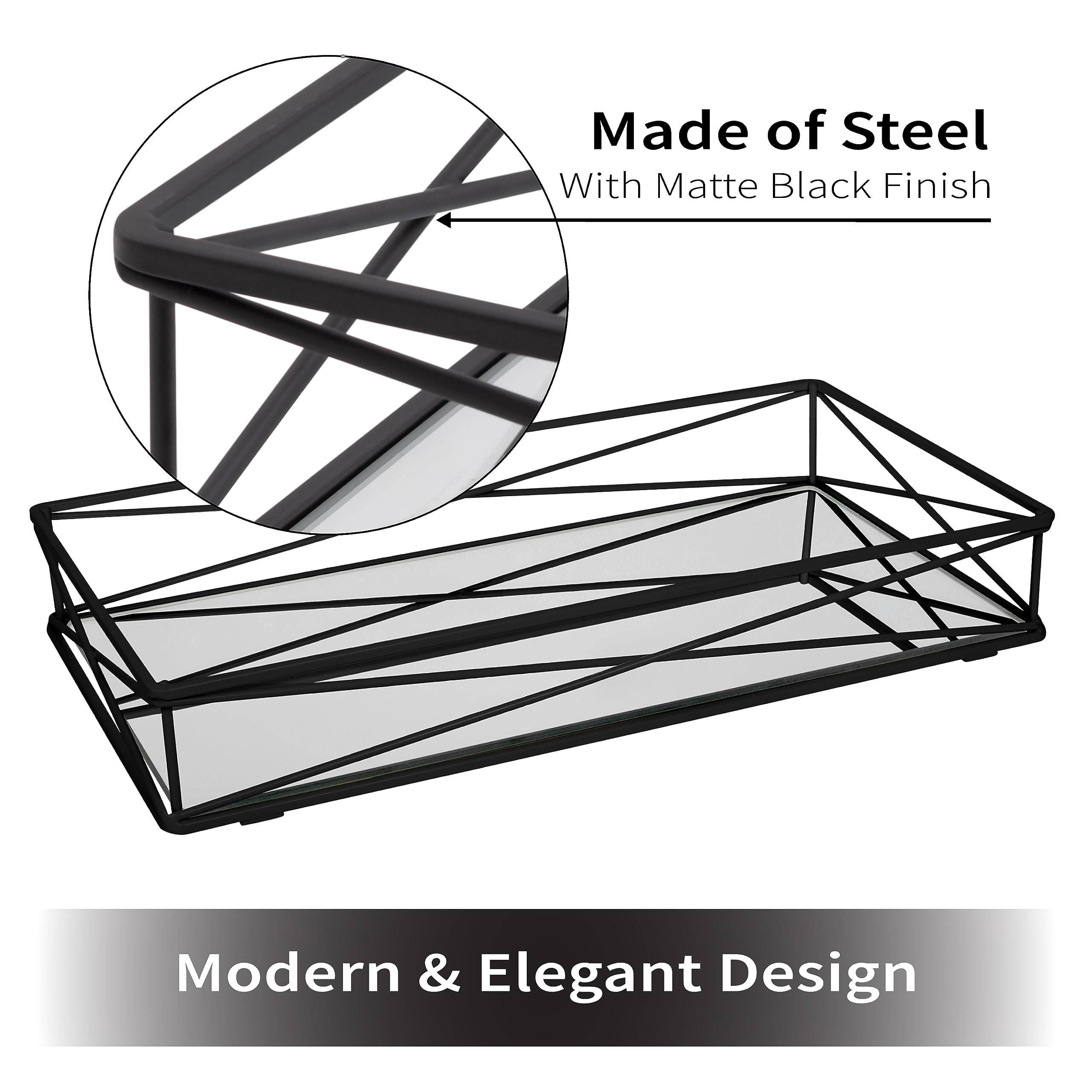 Home Details Tank Matte Black, for Perfume, Jewelry, Toiletries, Bathroom, Coffee Table, Decor Vanity Tray, 14"x 7"x 2"