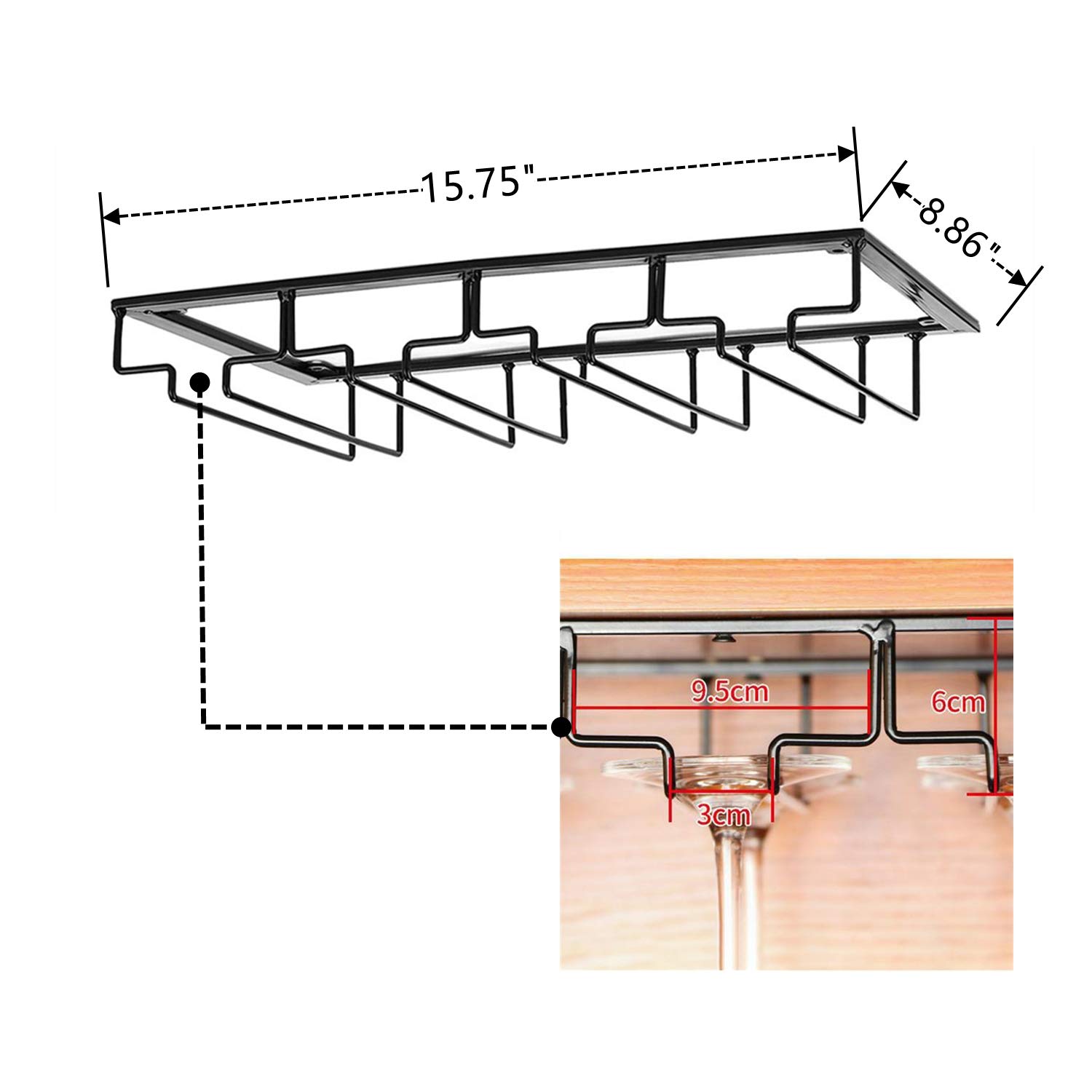 Yopay 2 Pack Wine Glass Rack, Metal Under Cabinet Stemware Holder for Bar Home Kitchen, Wine Glass Organizer Storage Hanger, Easy to Install, 4 Rows, 15.75 Inch