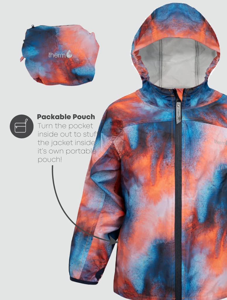Therm Kids Raincoat, Waterproof Girls Boys Rain Jacket - Lightweight, Packable (LAVA, 8)