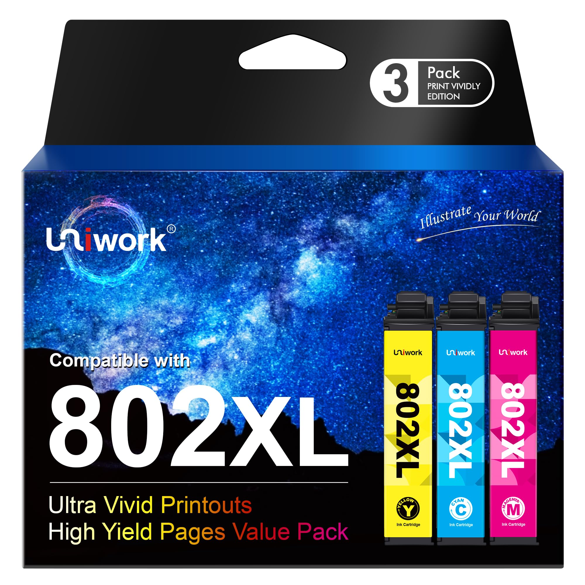 Uniwork Remanufactured Ink Cartridge Replacement for Epson 802XL 802 T802XL T802 use for Workforce Pro WF-4740 WF-4730 WF-4720 WF-4734 EC-4020 EC-4030 Printer (1 Cyan, 1 Magenta, 1 Yellow, 3 Pack)