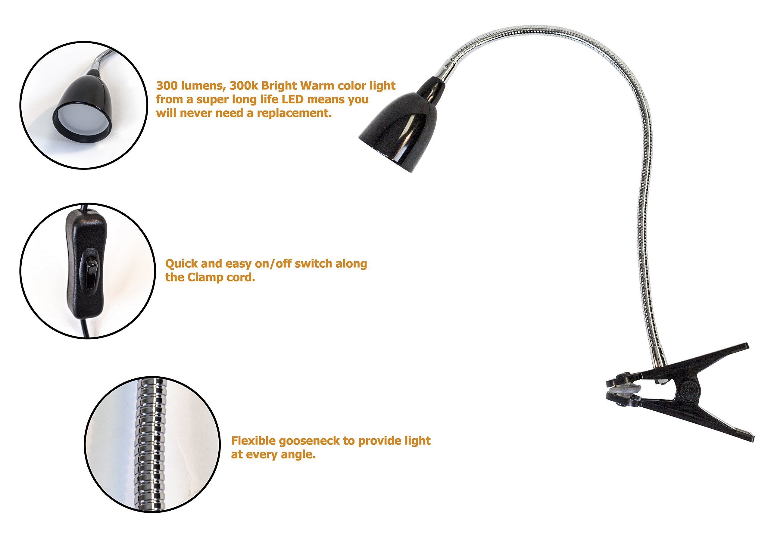 Newhouse Lighting Painted Black Metal Flexible Clamp-Style LED Desk Lamp in 3000K Warm White Color Temperature with Power Adapter and 6 ft. Power Cord